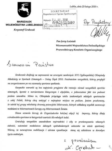 List od Marszałka Województwa Lubelskiego Krzysztofa Grabczuka do ... List od Marszałka Województwa Lubelskiego Krzysztofa Grabczuka do ...